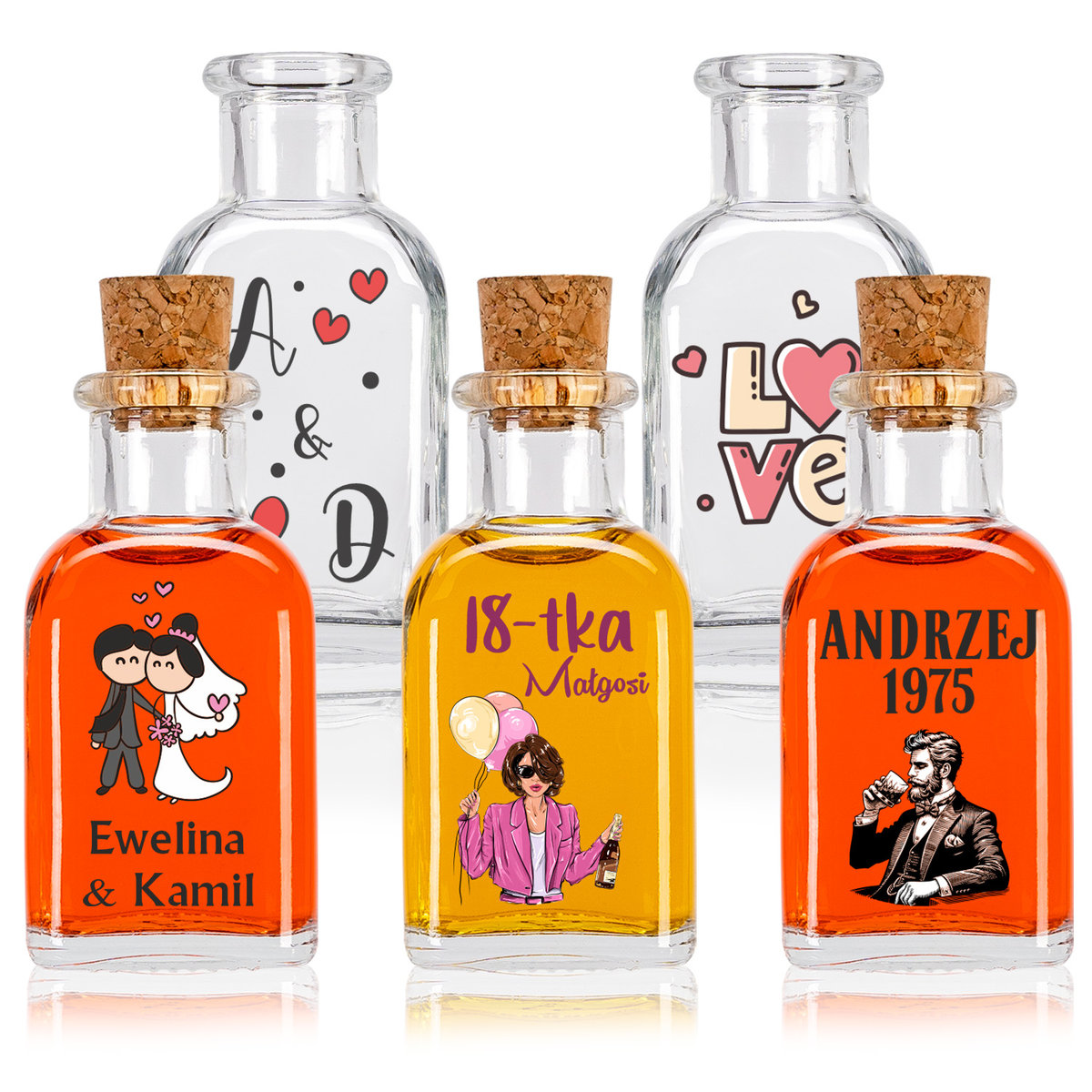 10 szt BUTELKI z NADRUKIEM QUADRA 50 ml na URODZINY PODZIĘKOWANIE DLA ...