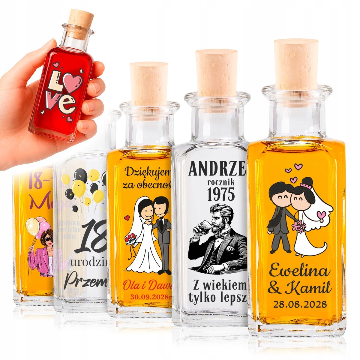 10x MAŁE BUTELECZKI NA NALEWKI WÓDKĘ WESELE ŚLUB QUADRA 100 ML Z ...