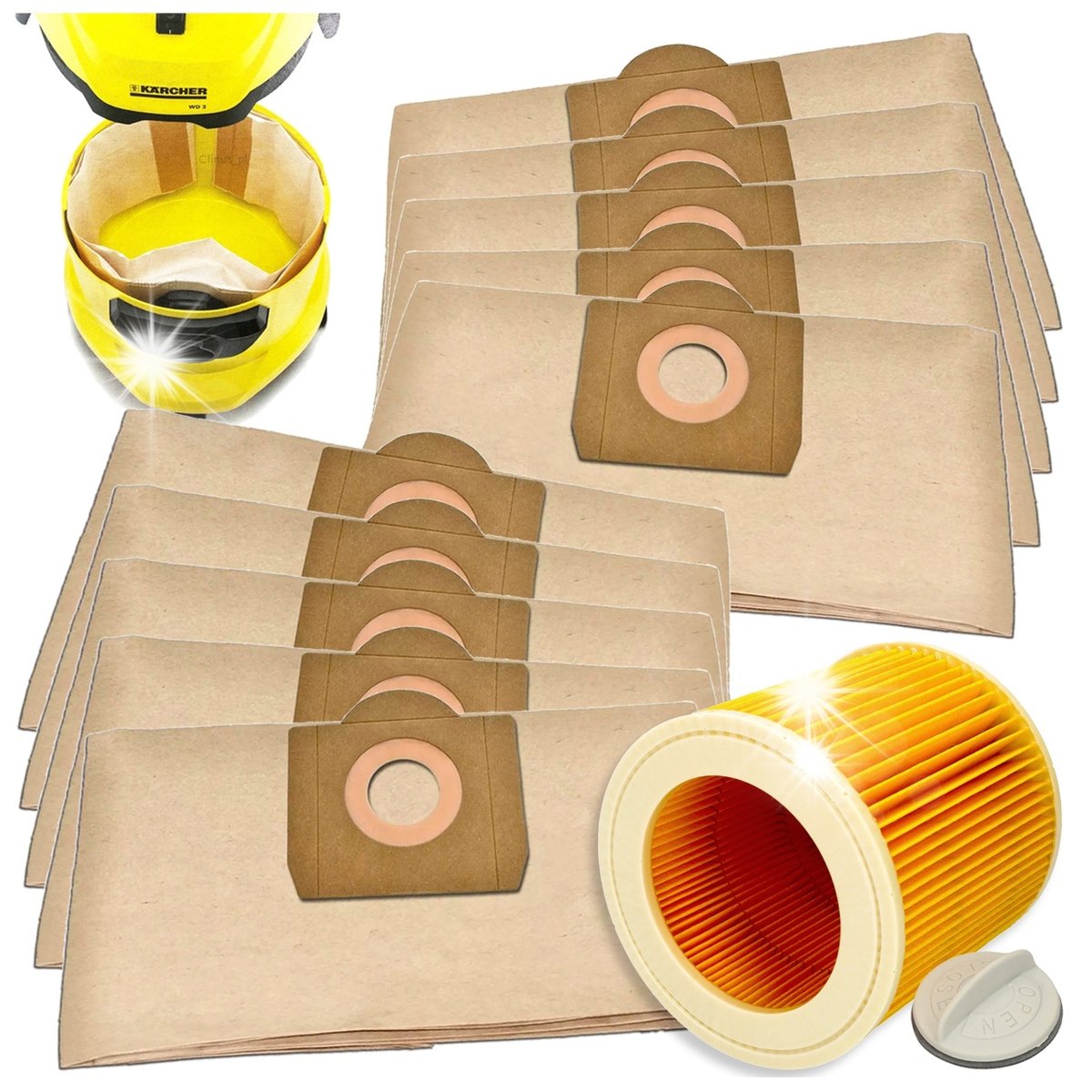 10x MOCNE WORKI PUREY DO ODKURZACZA KARCHER WD3 200 MV3 FILTR ...