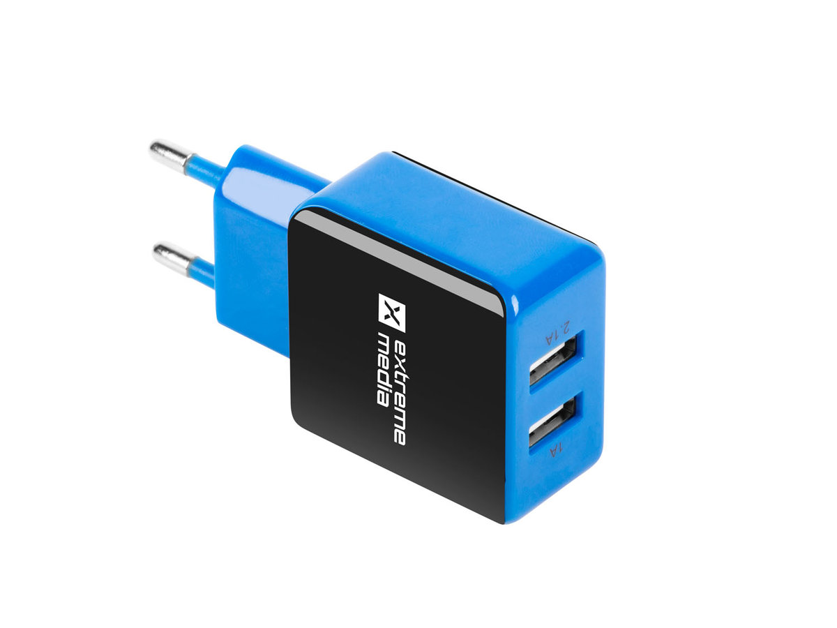 Ładowarka adapter napięcia 230v->usb 5v/2,1a 2-porty czarno-niebieska ...