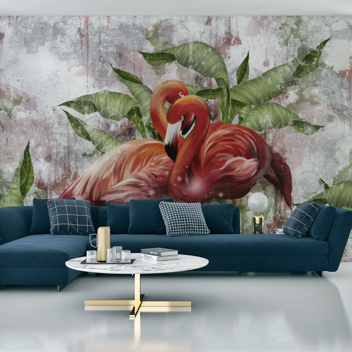 Fototapeta Ścienna, MURALO, Flamingi Beton Liście 135cm X 90cm - Muralo | Sklep EMPIK.COM