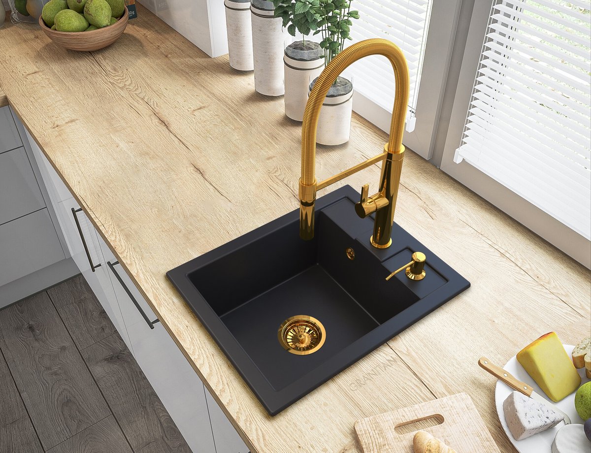 Zlew Granitowy Czarny Best Kran Złoty Dozownik - Granitan | Sklep EMPIK.COM