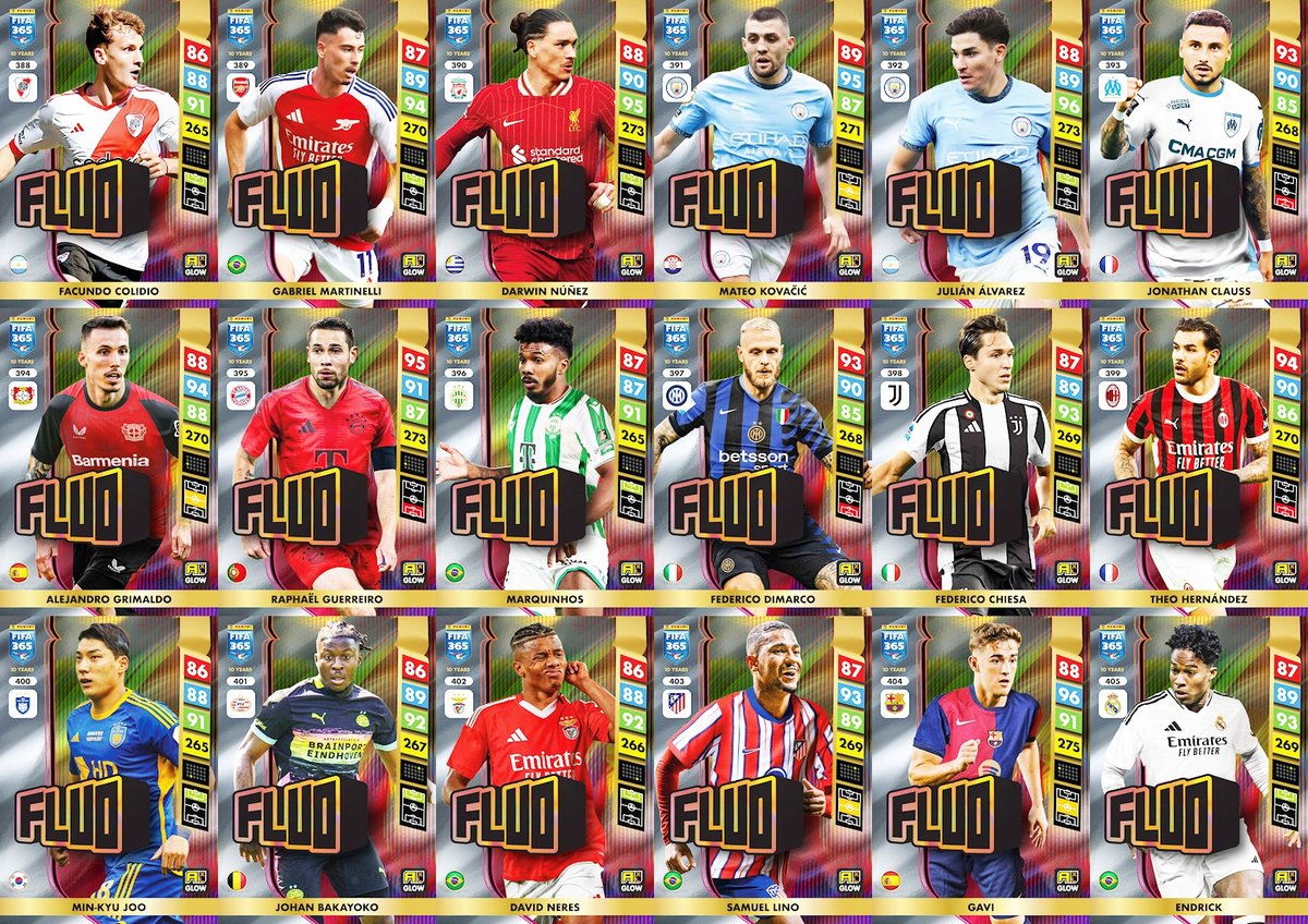 18 karty piłkarskie KOMPLET FLUO 388 - 405 GLOW 2025 FIFA Panini ZESTAW ...