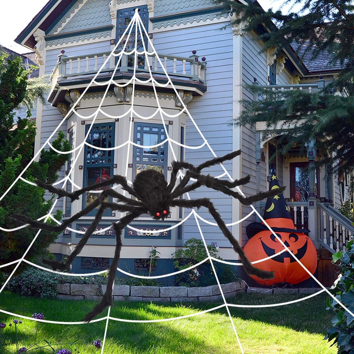 197" Halloween Spider Web + 59" Giant Spider Decorations Fake Spider ...