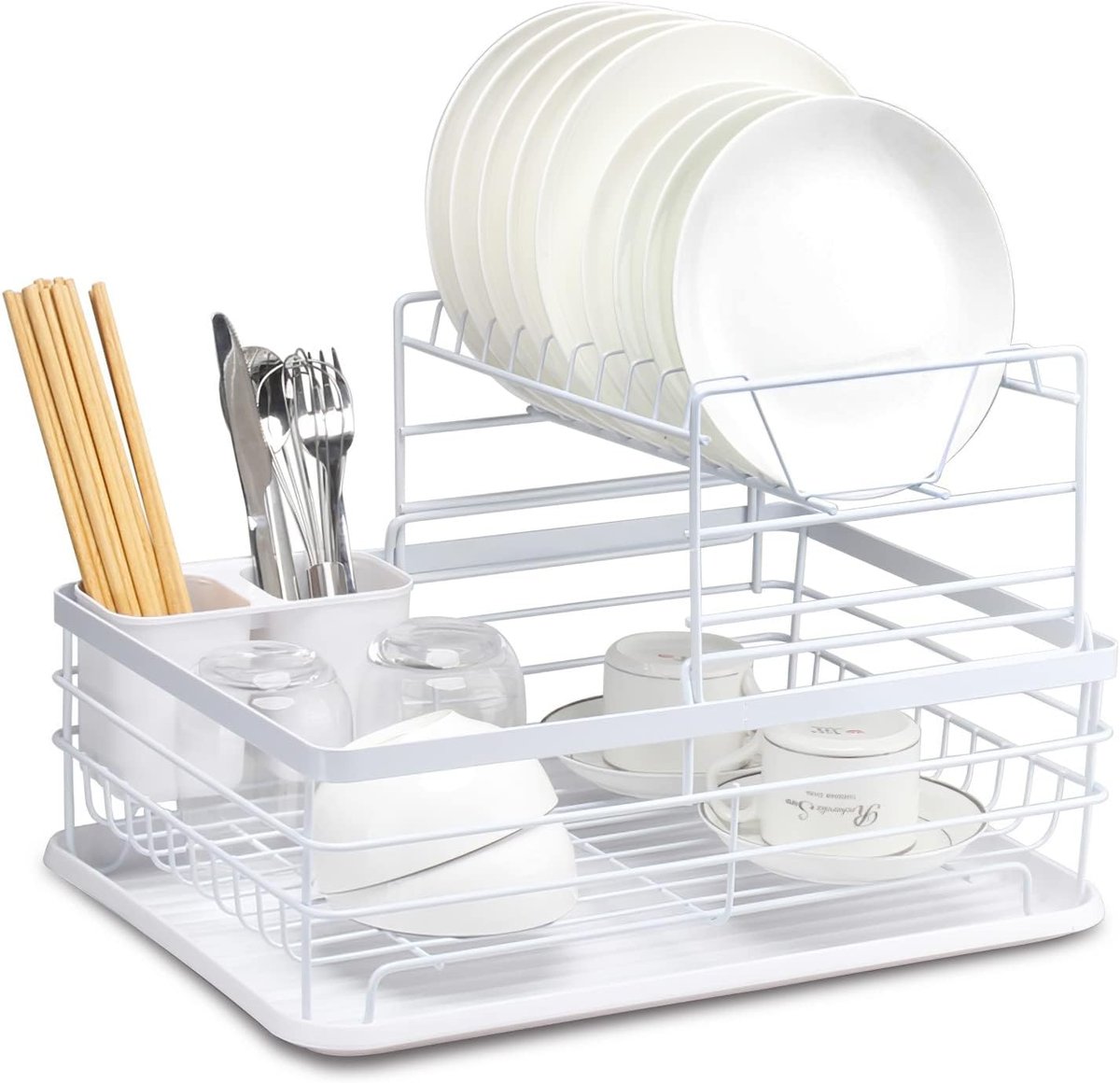 2-Tier Dish Drainer with Removable Drip Tray, Metal Kitchen Dish Drying ...
