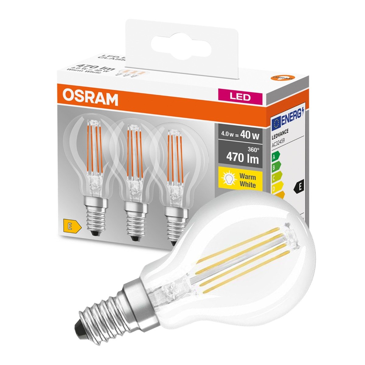 3pak Żarówka Led E14 P45 4w 40w 470lm 2700k Ciepła 320° Filament