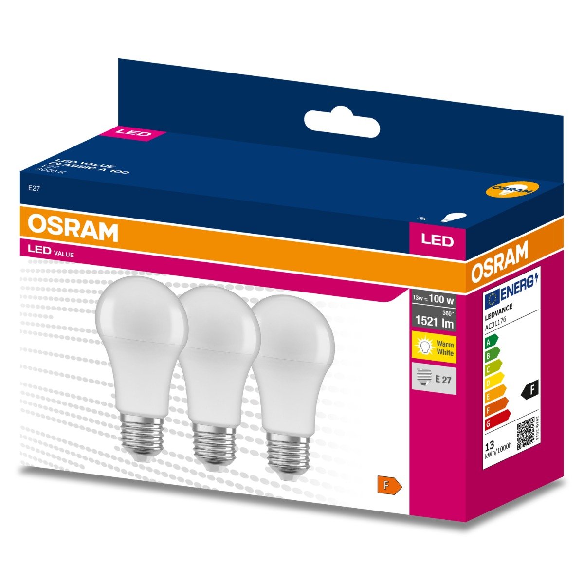 3PAK Żarówka LED E27 A60 13W = 100W 1521lm 3000K Ciepła 200° OSRAM ...
