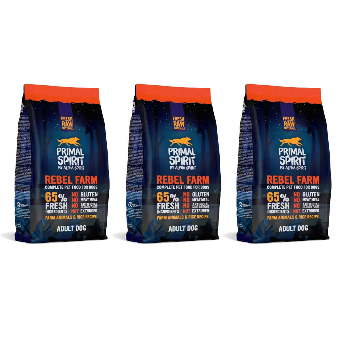 3x Karma sucha dla psa PRIMAL SPIRIT 65% Rebel Farm 1 kg - Alpha spirit ...