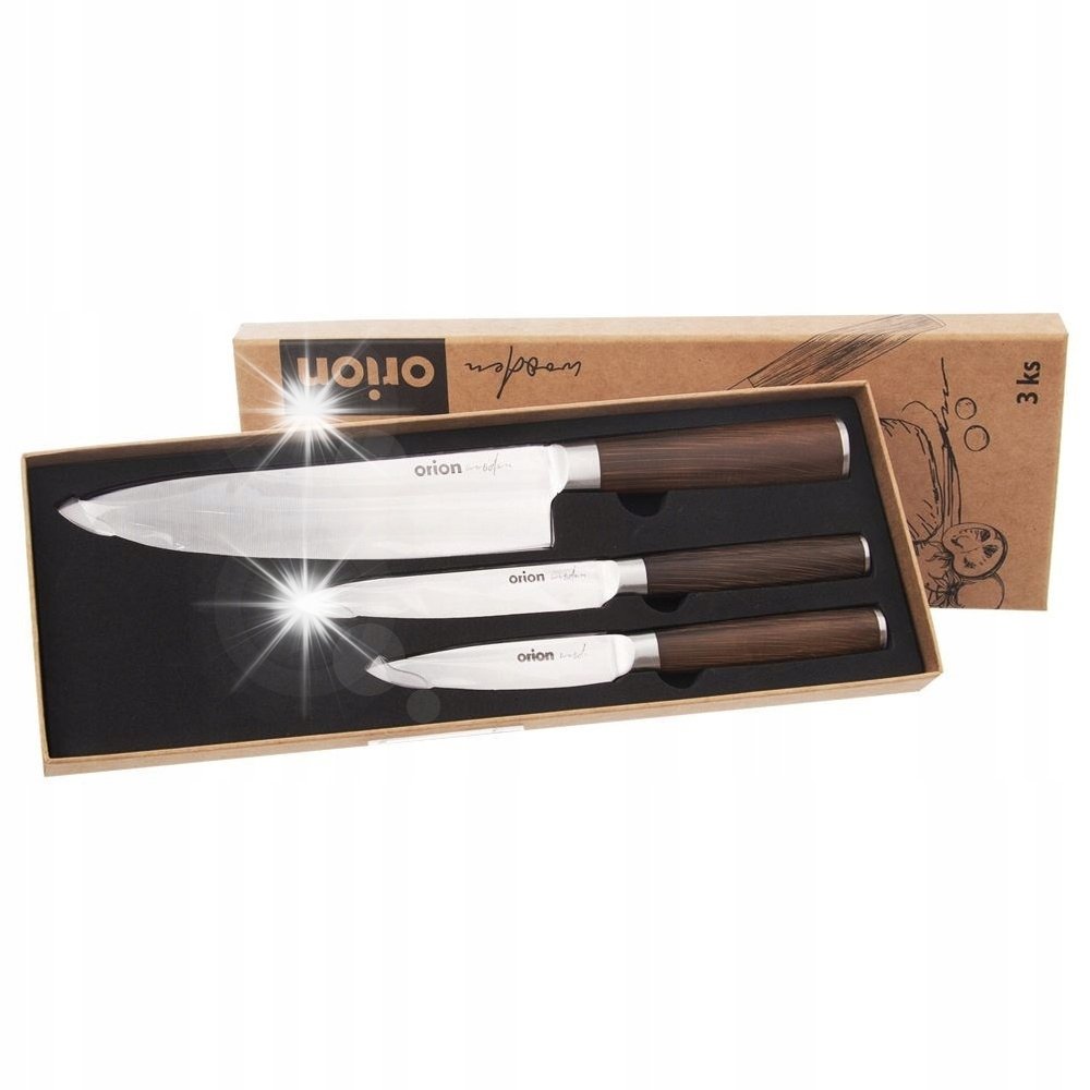 3x Nóże ORION WOODEN kuchenne stalowe uniwersalne zestaw komplet noży ...