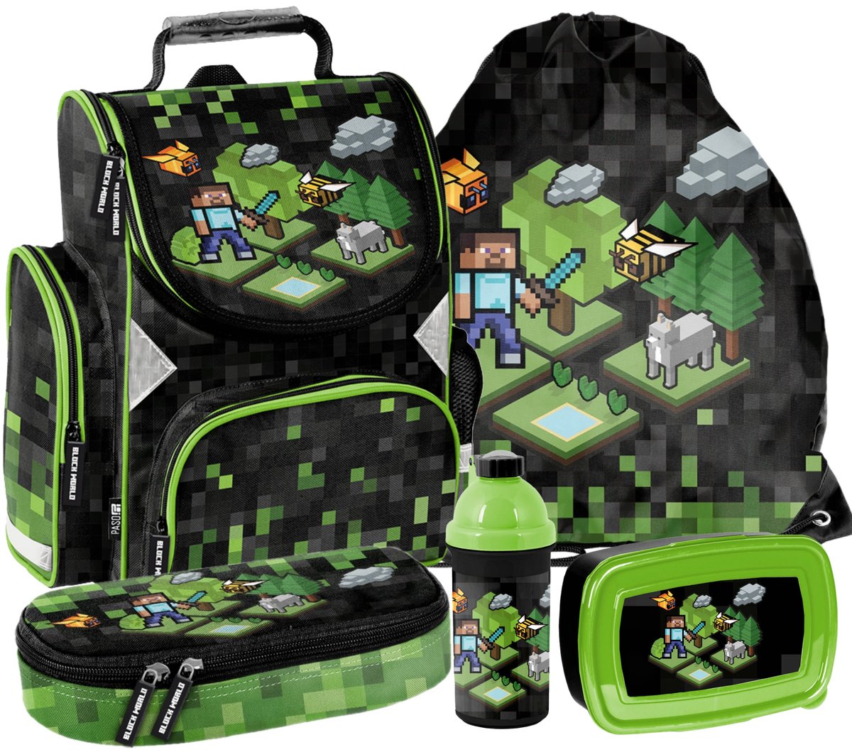 5 ELEMENTÓW ZESTAW TORNISTER SZKOLNY MINECRAFT TUBA WOREK PIXEL ...