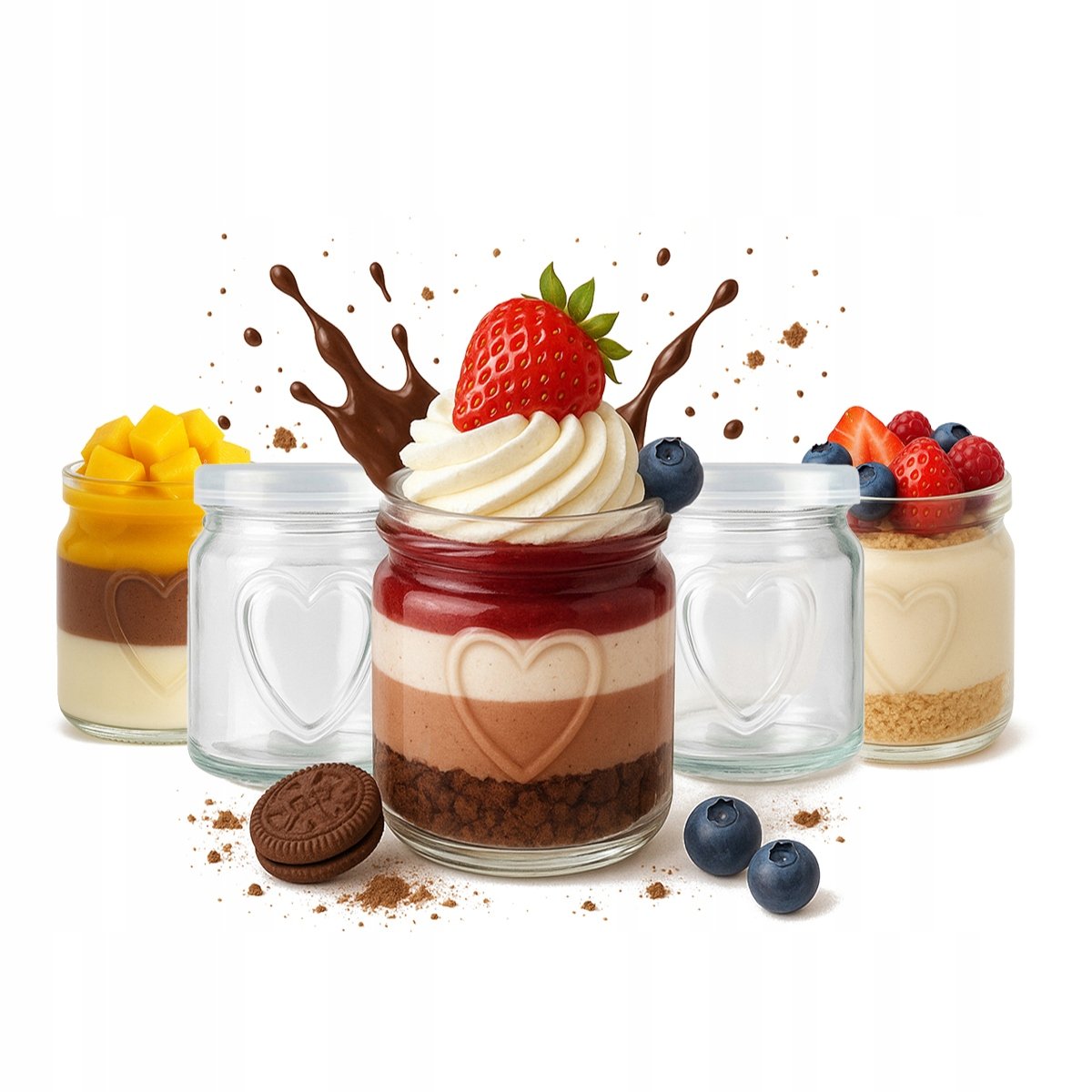 5x POJEMNIKI NA DESERY 250ml Słoik SZKLANY SERCE Na Deserki Do Deserów ...