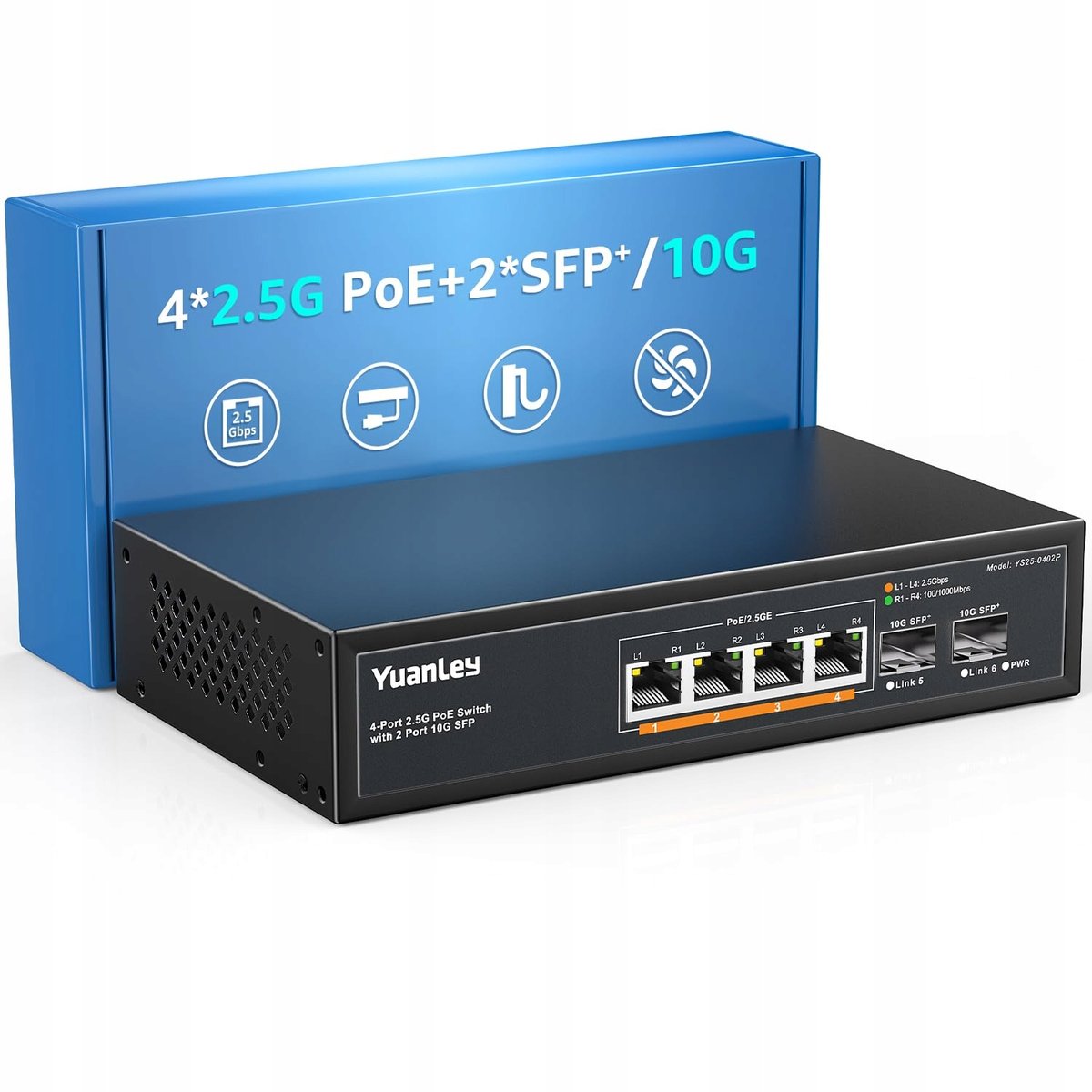 6-Portowy Switch Poe 2.5G + 2X10G Sfp 78W Plug&Play Metalowy Yuanley ...
