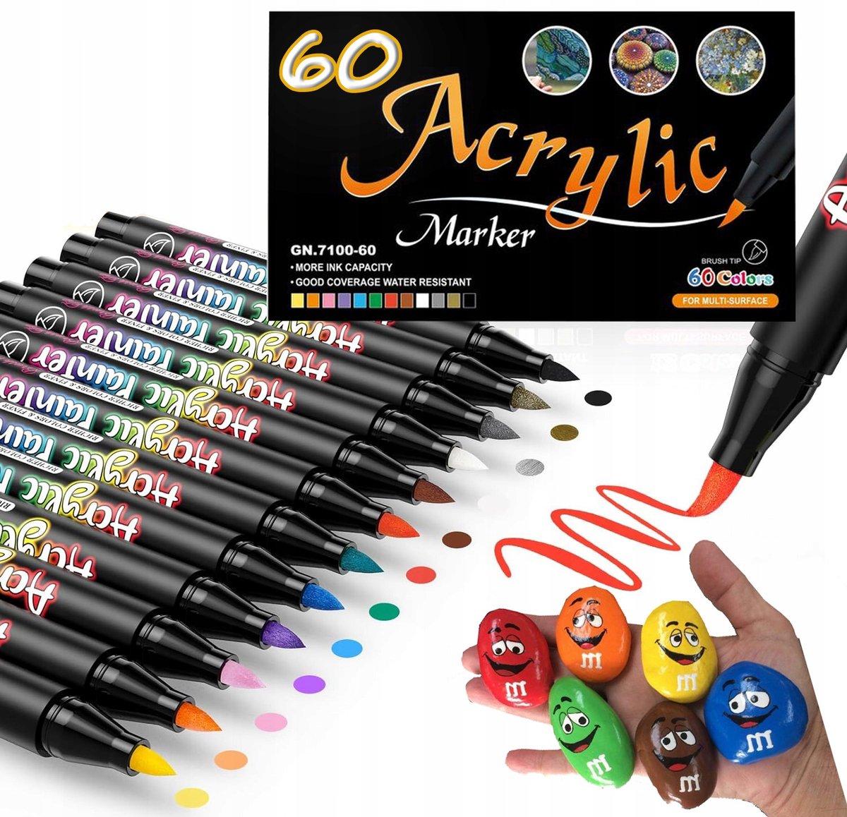 60 Markerów Markery Akrylowe Wodoodporne Acrylic Malowanie Kamieni ...