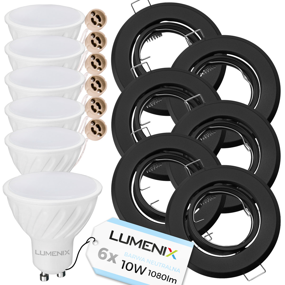 6x Zestaw oprawa okrągła czarna + GU10 10W neutralna + gniazdo przyłączeniowe GU10 - Lumenix ...
