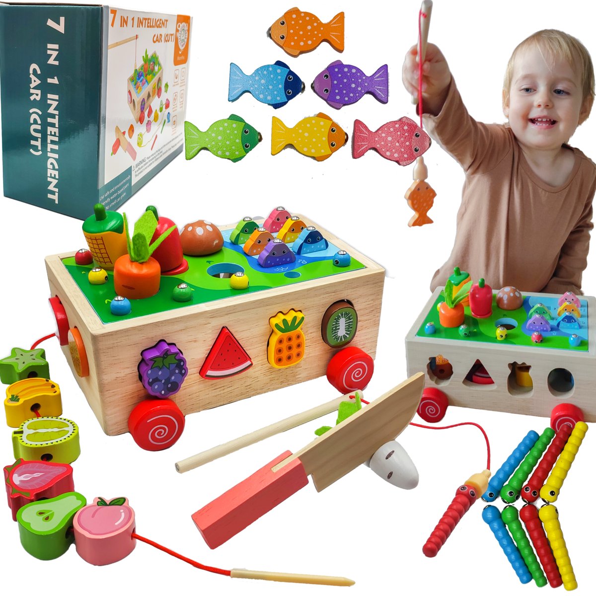 7W1 Gra Montessori Drewniany Sorter Auto Łowienie Robaczki Krojenie ...