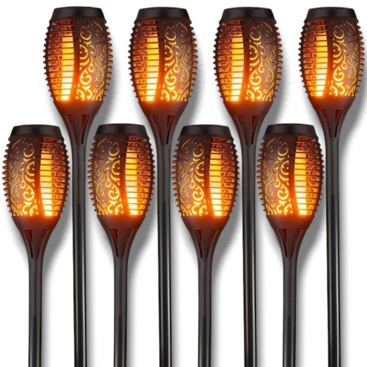 8 X Lampa solarna OGRODOWA POCHODNIA LED EFEKT PŁOMIENI OGIEŃ WBIJANE ...