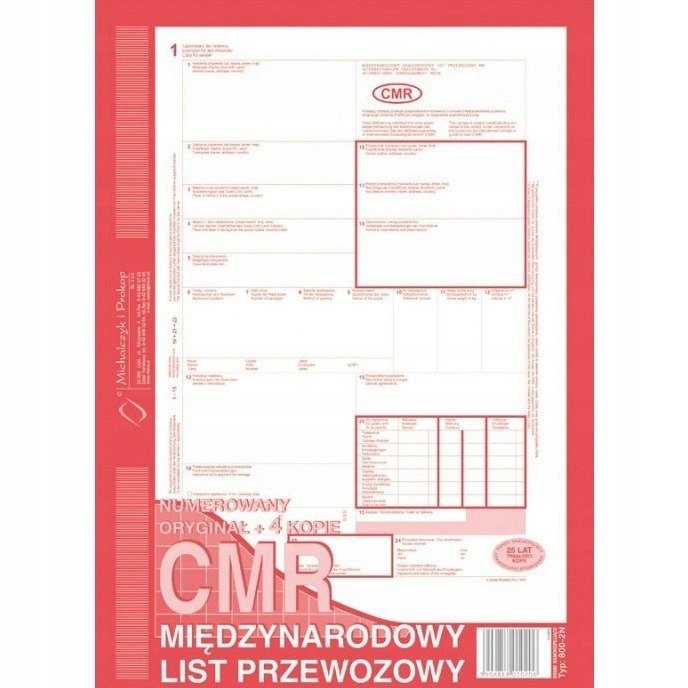 800-2N Cmr A4 80Kartek 1+4 Numerowany Międzynarodowy List Przewozowy M ...