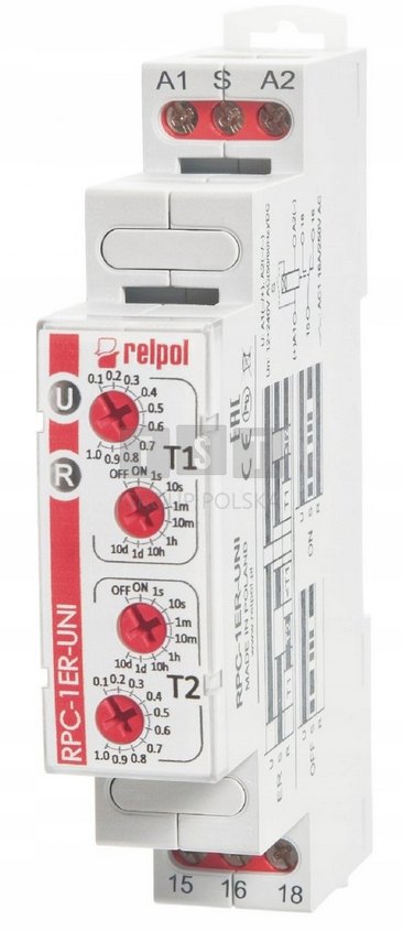 863185 Przekaźnik czasowy 1P 1sek-10dni 12-240V AC/DC 50/60 Hz opóźnione załączanie i wyłączenie ...