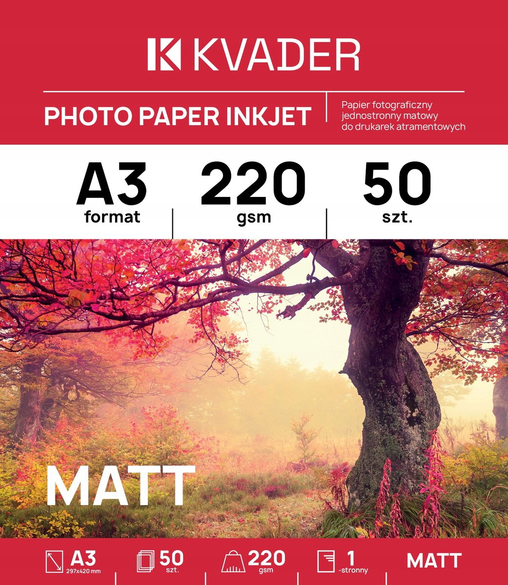 A3 PAPIER MATOWY 220g JEDNOSTRONNY DO ZDJĘĆ FOTO DRUKAR ATRAMENTOWY 50 szt - KVADER | Sklep ...