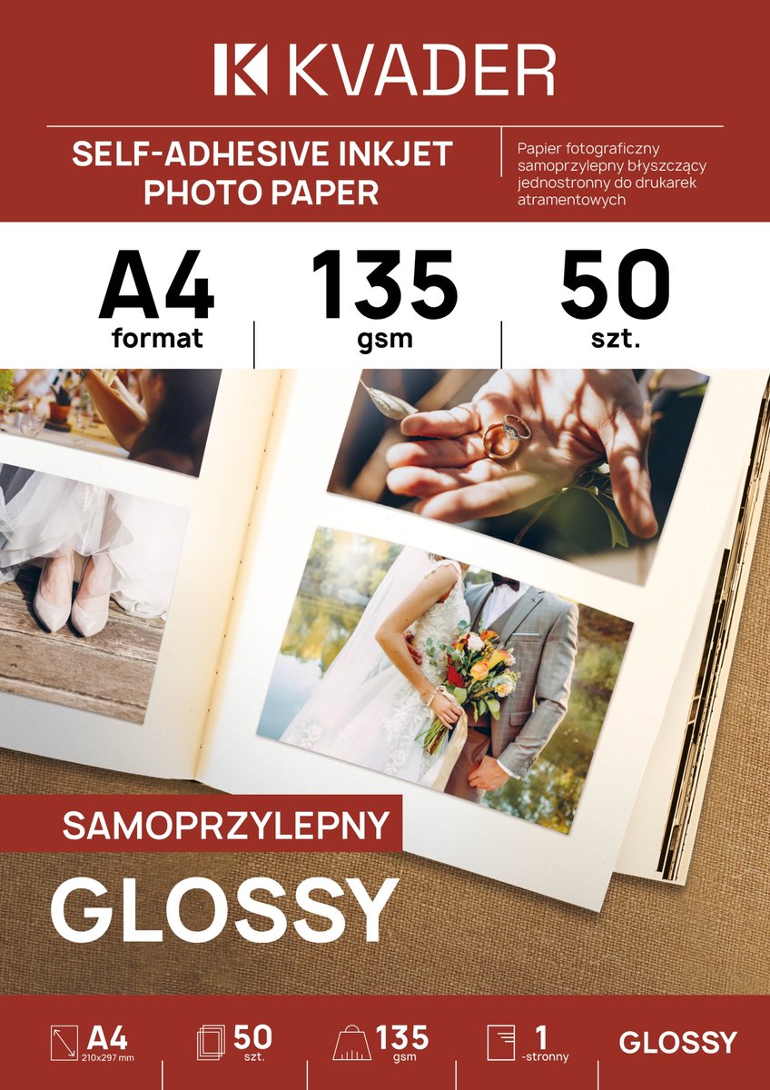 A4 PAPIER DO ZDJĘĆ FOTO SAMOPRZYLEPNY DO DRUKARKI ATRAMENTOWEJ BŁYSK 50szt - KVADER | Sklep ...