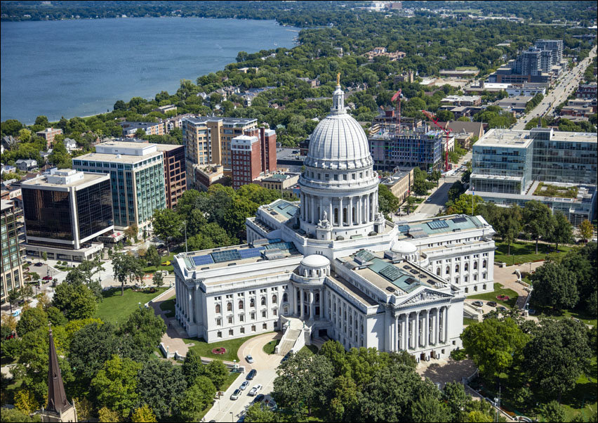 Aerial view of the Wisconsin Capitol and surrounding neighborhoods in ...