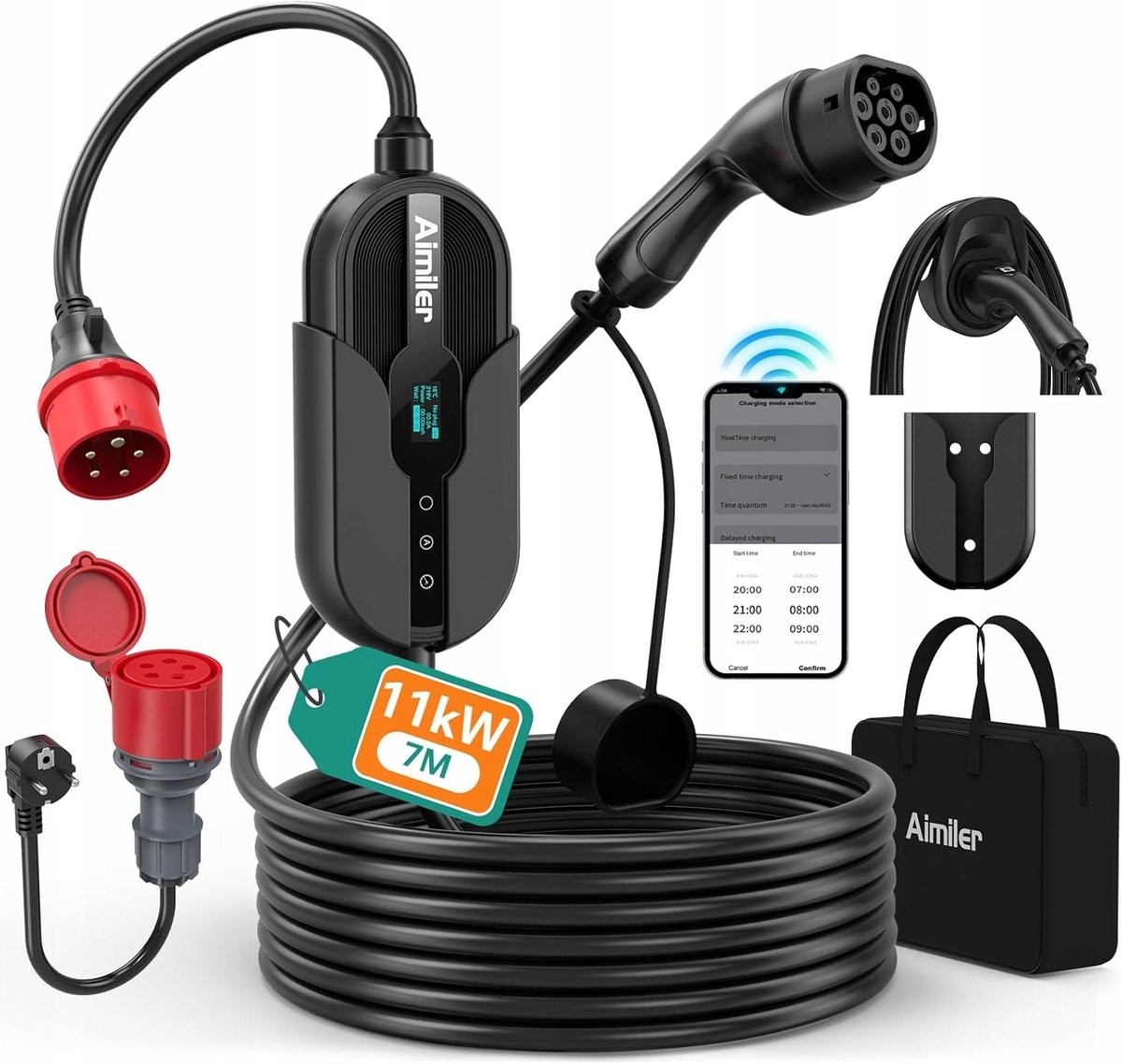 AIMILER Mobilna Ładowarka EV 11kW Wallbox Typ 2 CEE 7m 3-fazy App IP66 ...