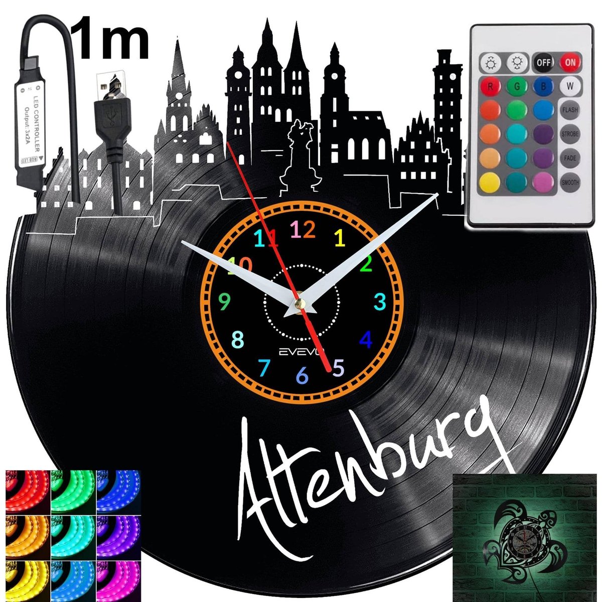 Altenburg Zegar Ścienny Podświetlany LED RGB Na Pilota Płyta Winylowa ...