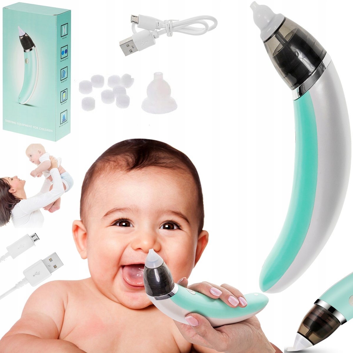 ASPIRATOR ELEKTRYCZNY do NOSA dla niemowląt Odciągacz KATARU Czysty Nos ...