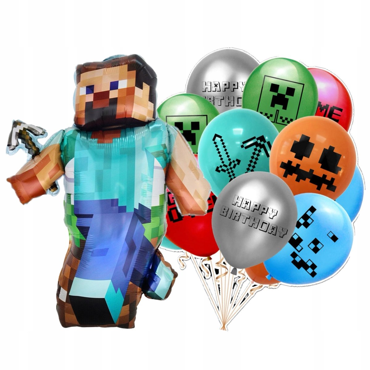 Balon Minecraft Steve duży na urodziny pixel 80 cm i balony 10 sztuk ...