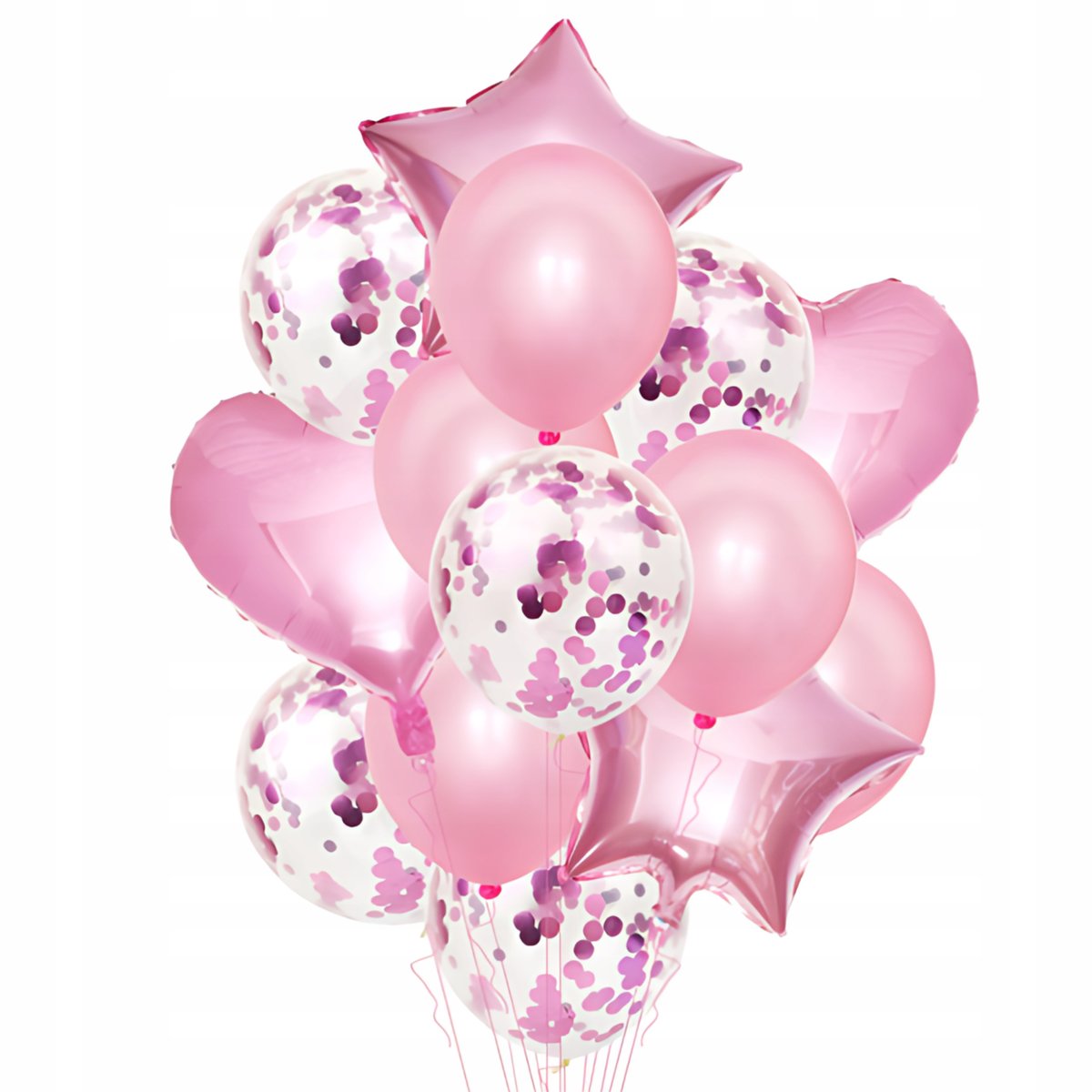 BALONY RÓŻOWE SERCA GWIAZDKI KONFETTI ZESTAW URODZINY PARTY DEKORACJA ...