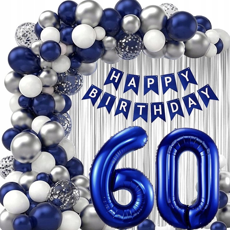 Balony Srebrne Granatowe Girlanda Balonowa Zestaw 60 Urodziny Ścianka Baner - KIDSIAKI ...