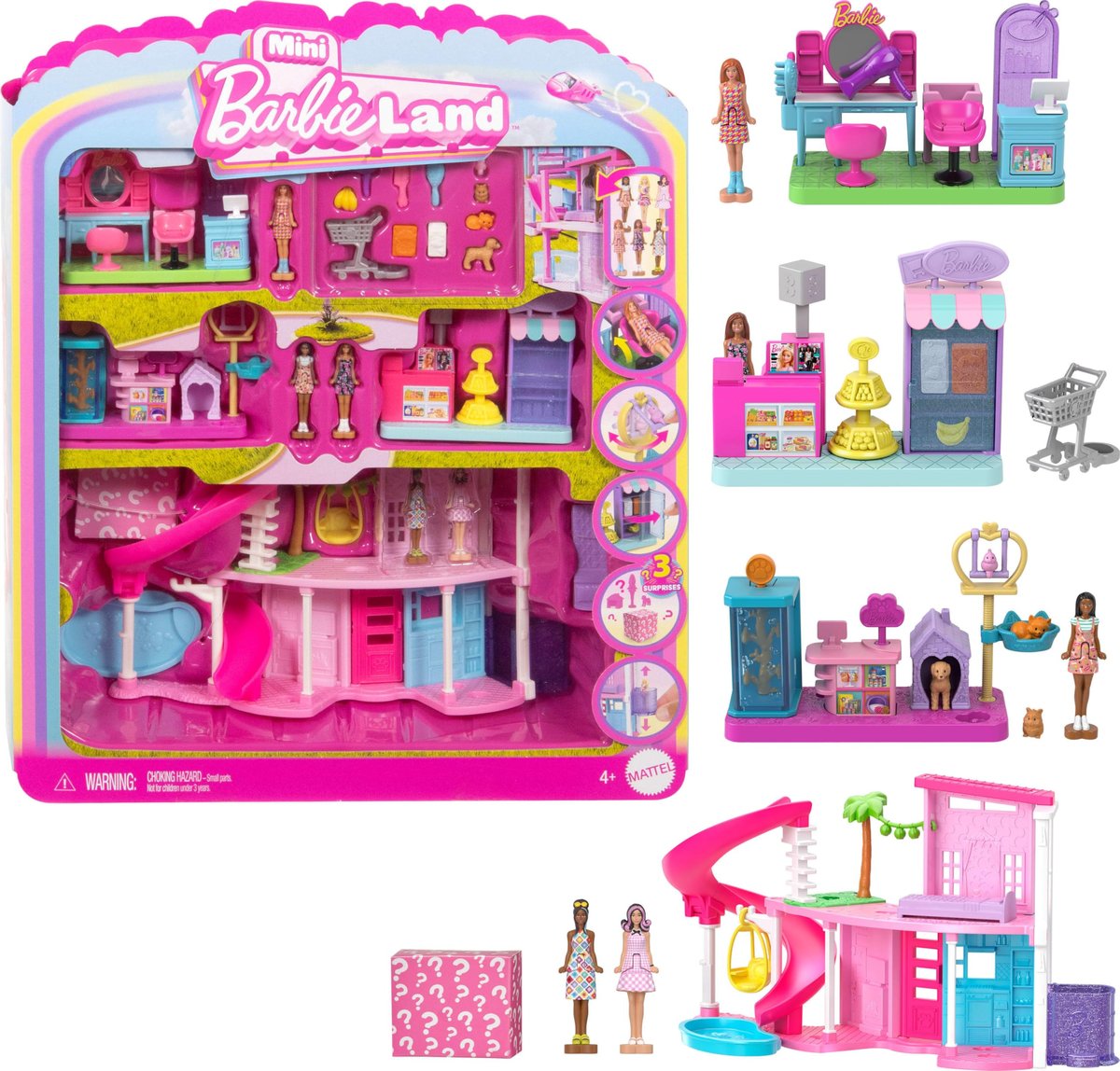 Barbie Mini Land DreamHouse i 3 zestawy do zabawy z 4 lalkami o ...