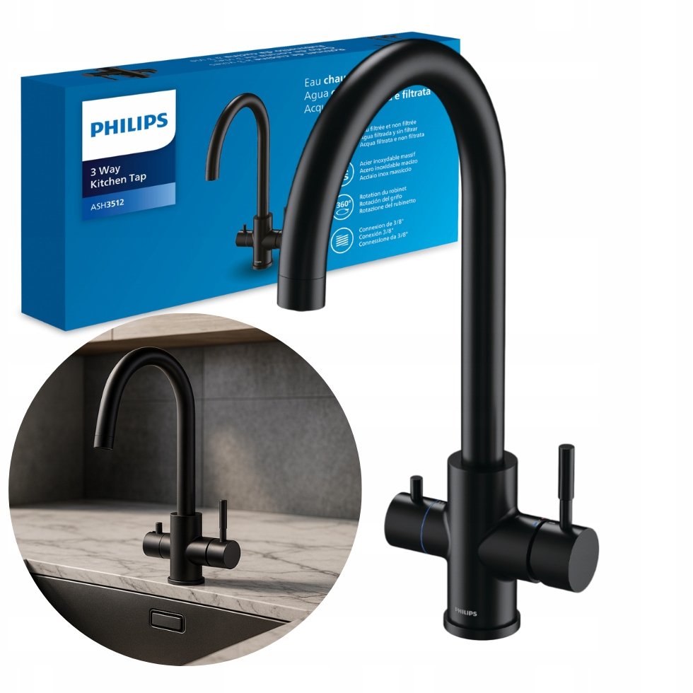 Bateria kuchenna Philips ASH3512 czarny, trójdrożny kran do filtrów ...
