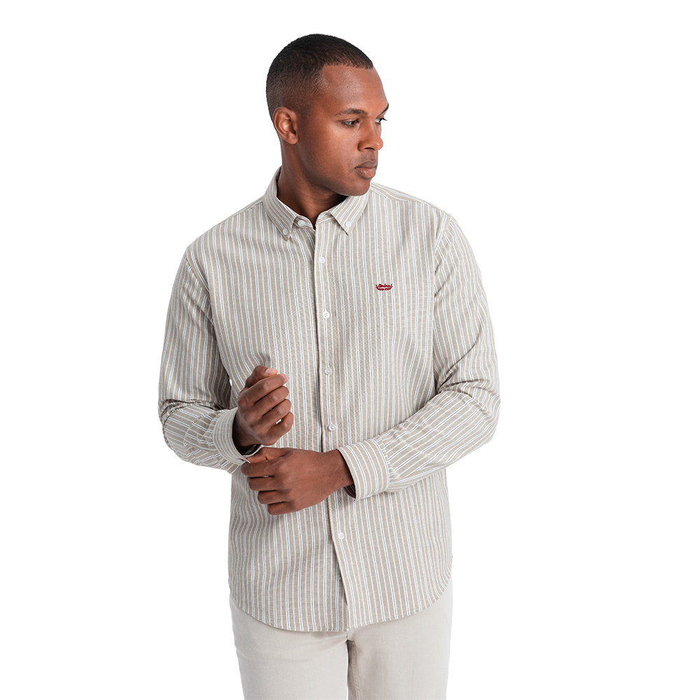 Bawełniana koszula męska REGULAR FIT w paski beżowa V1 OM-SHOS-0170 L ...