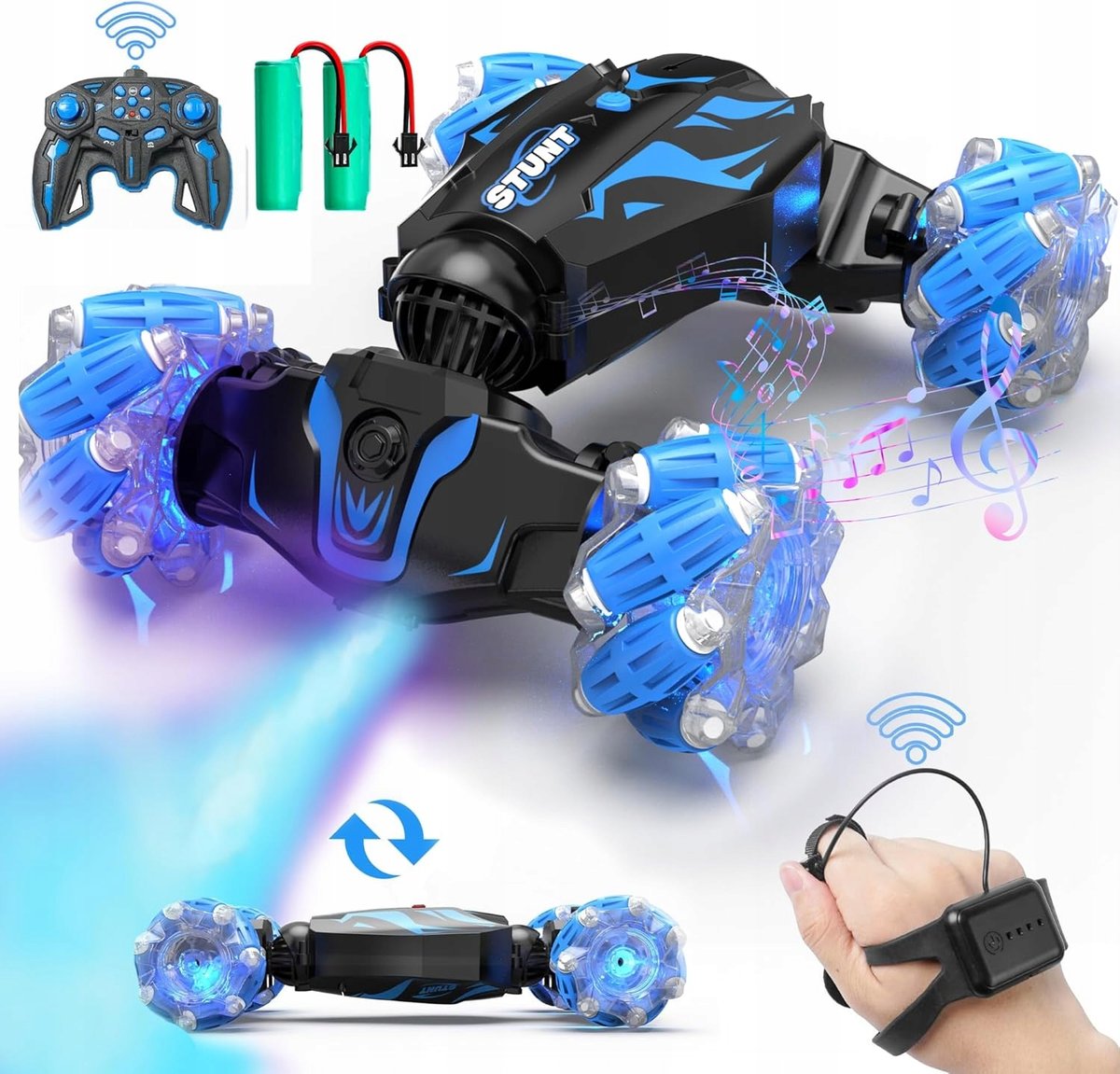 BEZGAR Zdalnie Sterowany Samochód niebieski 4WD 2.4GHz z Muzyką LED ...