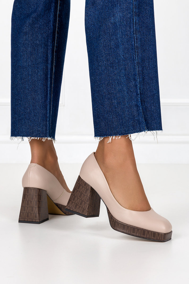 Beżowe czółenka skórzane damskie na ozdobnym klocku PRODUKT POLSKI Casu ...