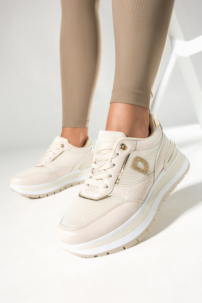 Beżowe sneakersy damskie buty sportowe na platformie sznurowane ...