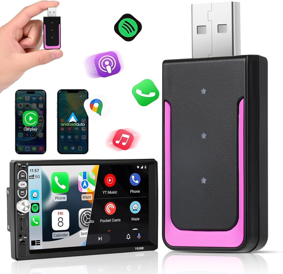 Bezprzewodowy adapter Car-Play, który przekształca przewodowy adapter ...