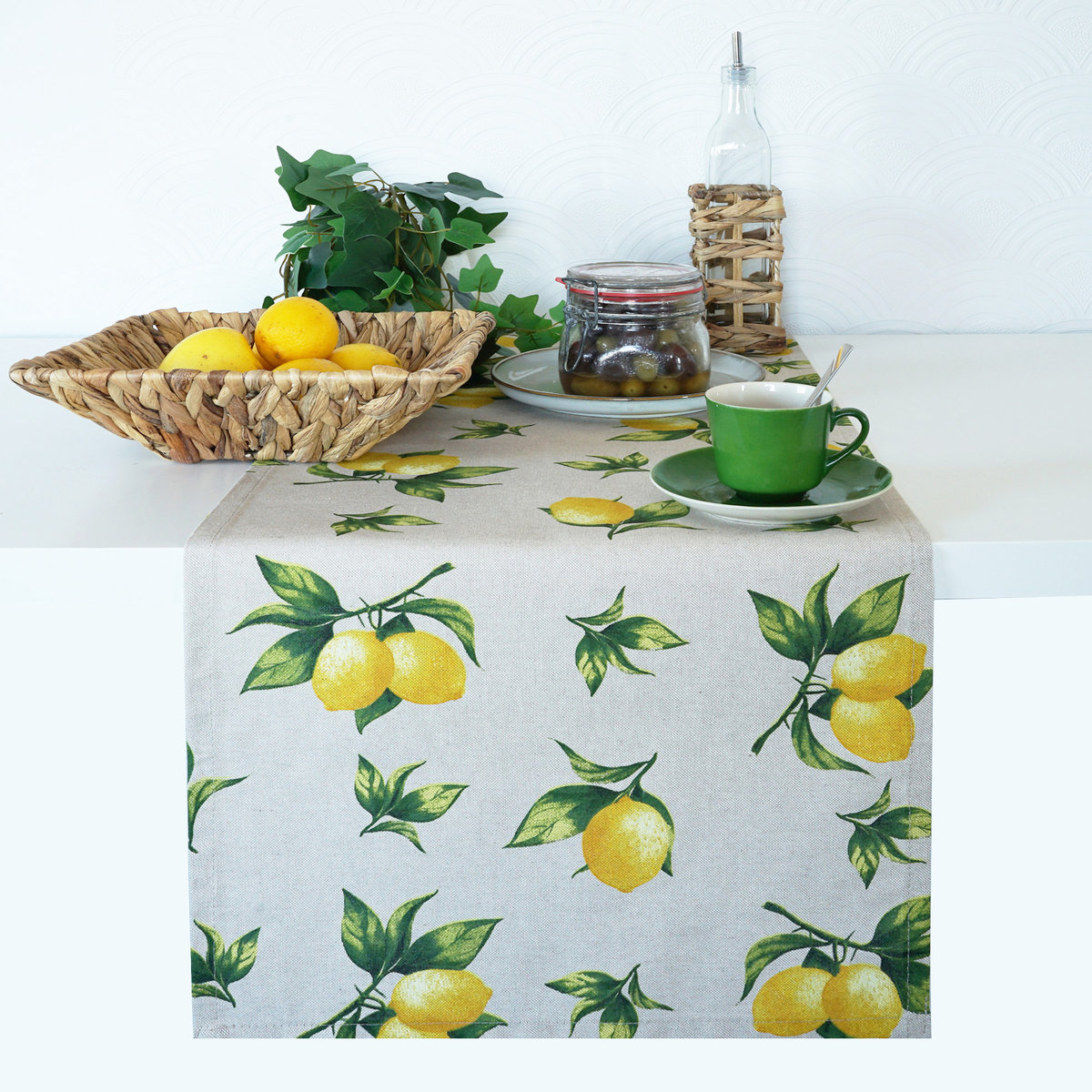 Bieżnik Lniany Beżowy Letni z nadrukiem w cytryny z liśćmi 300cm ...