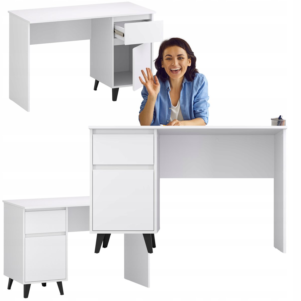 Biurko do pracowni pokoju dziecka z szufladą i szafką, Białe BORG 1d1s - Mebelbos | Sklep EMPIK.COM