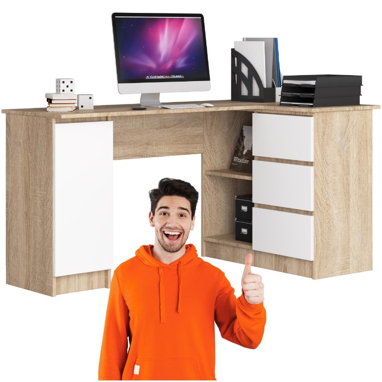 Biurko narożne dąb sonoma / biały mat 155 cm Novo B20 prawe z 3 szufladami, szafką i półkami ...