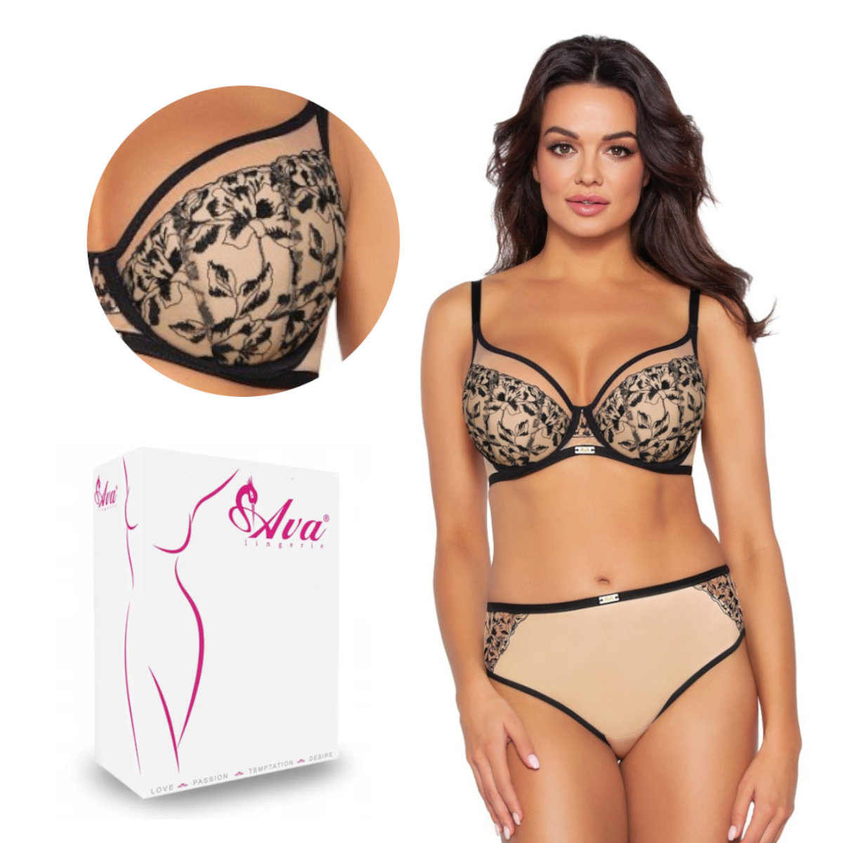 Biustonosz Push Up AV 2059 beżowy czarny roślinny motyw 65B - AVA | Moda Sklep EMPIK.COM