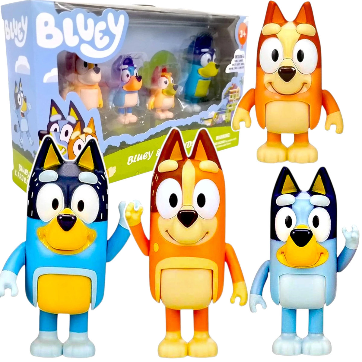 BLUEY ZESTAW 4 FIGUREK RODZINKA FIGURKI BINGO CHILI BANDIT MAMA PREZENT ...