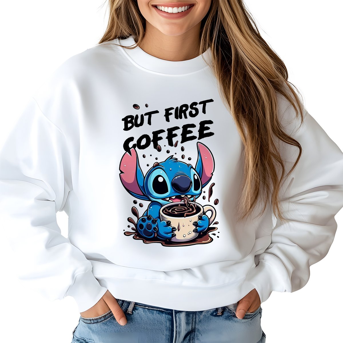Bluza Biała Damska FIRST COFFEE STITCH Lilo i Stich Bajka Wzory Rozmiar ...