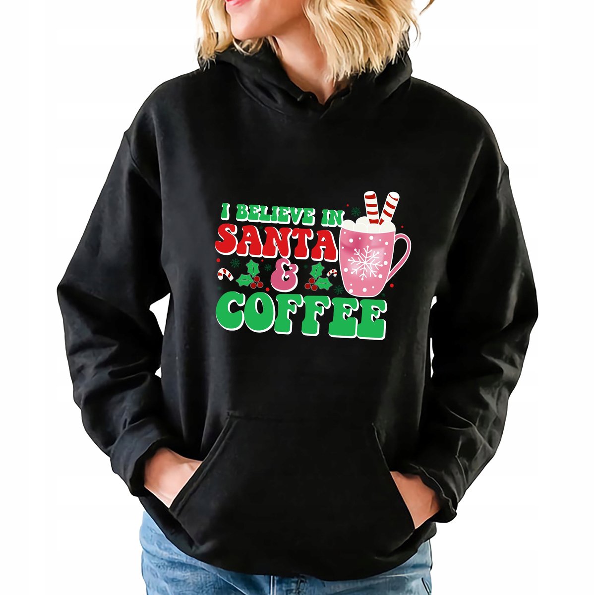 Bluza Czarna Z KAPTUREM Damska SANTA & COFFEE Prezent Święta Mikołaja ...