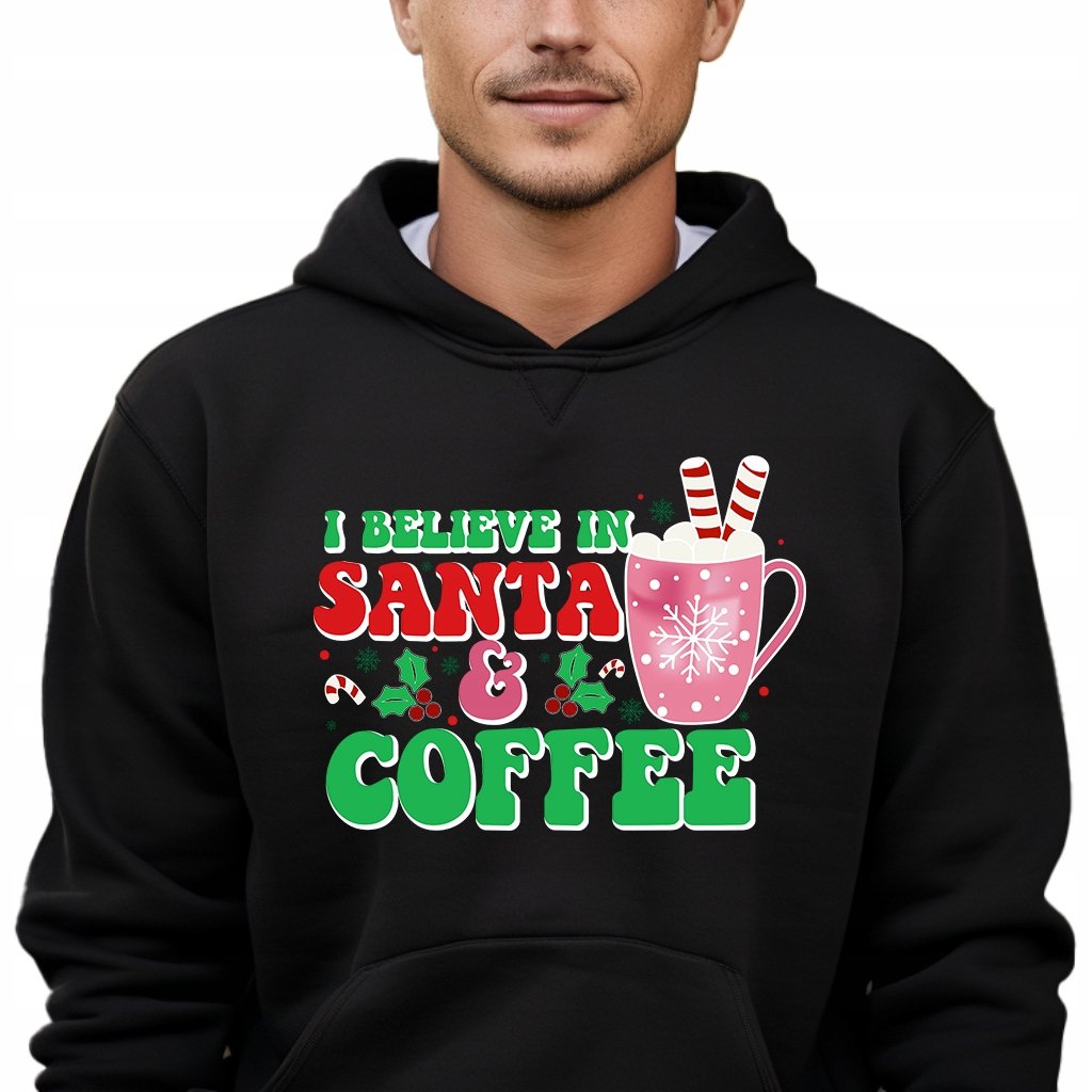 Bluza Czarna Z KAPTUREM Męska SANTA & COFFEE Prezent Święta Mikołaja ...