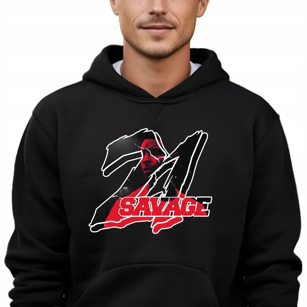 Bluza Męska Czarna z Kapturem 21 SAVAGE Raperzy Muzyka Rap Hip Hop Wz ...