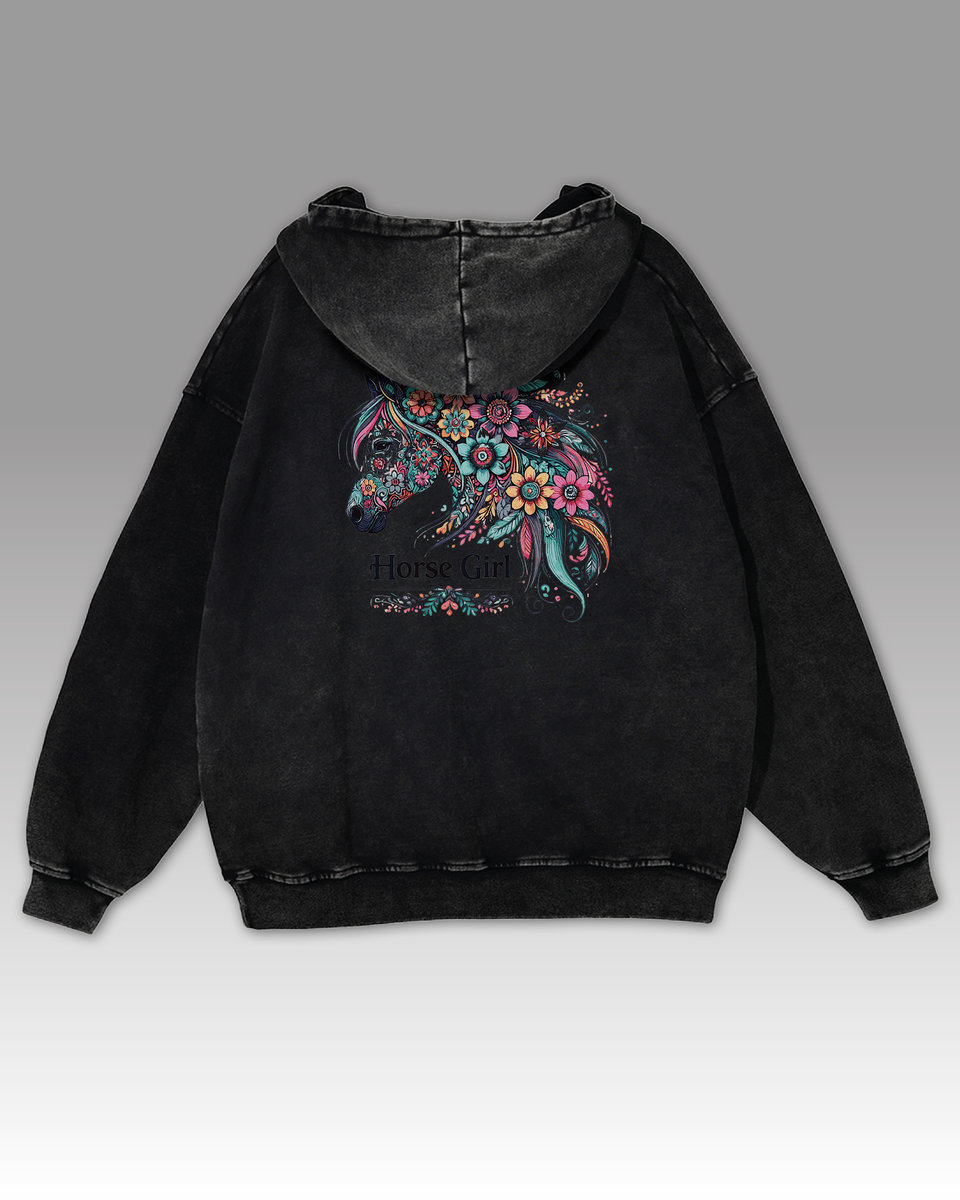 Bluza oversize z kapturem Horse Girl Kolorowy Koń Sprana Czarny XL ...