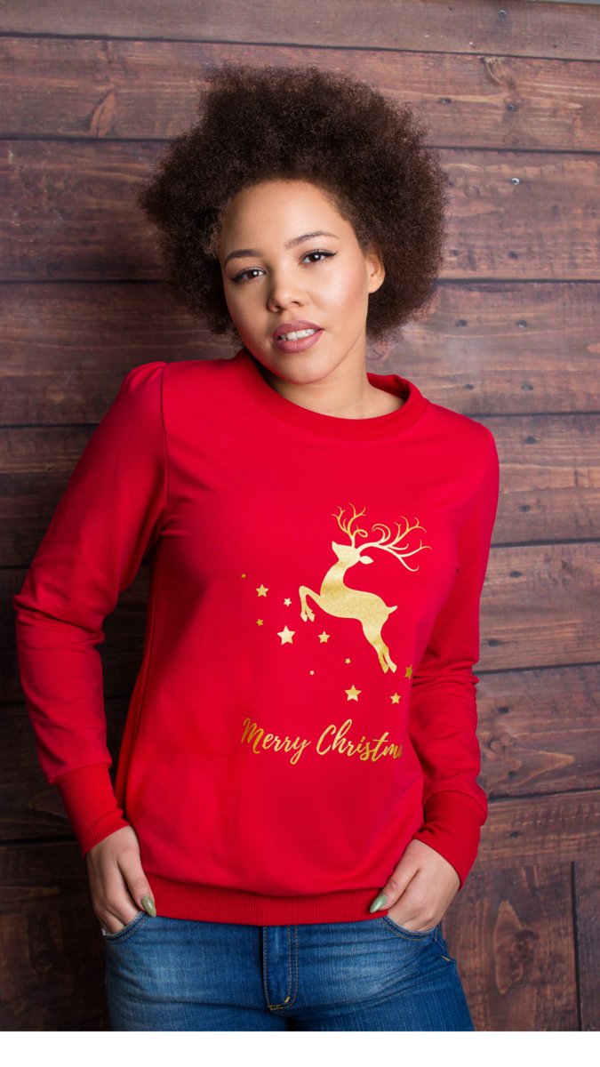 Bluza świąteczna gwiazdkowa ze złotym reniferem czerwona Havana L ...