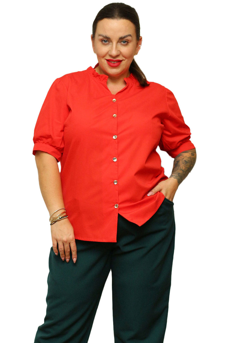 Bluzka Emilka Elegancka Stójka Z Falb Czerwona 56 Plus Size - KARKO ...